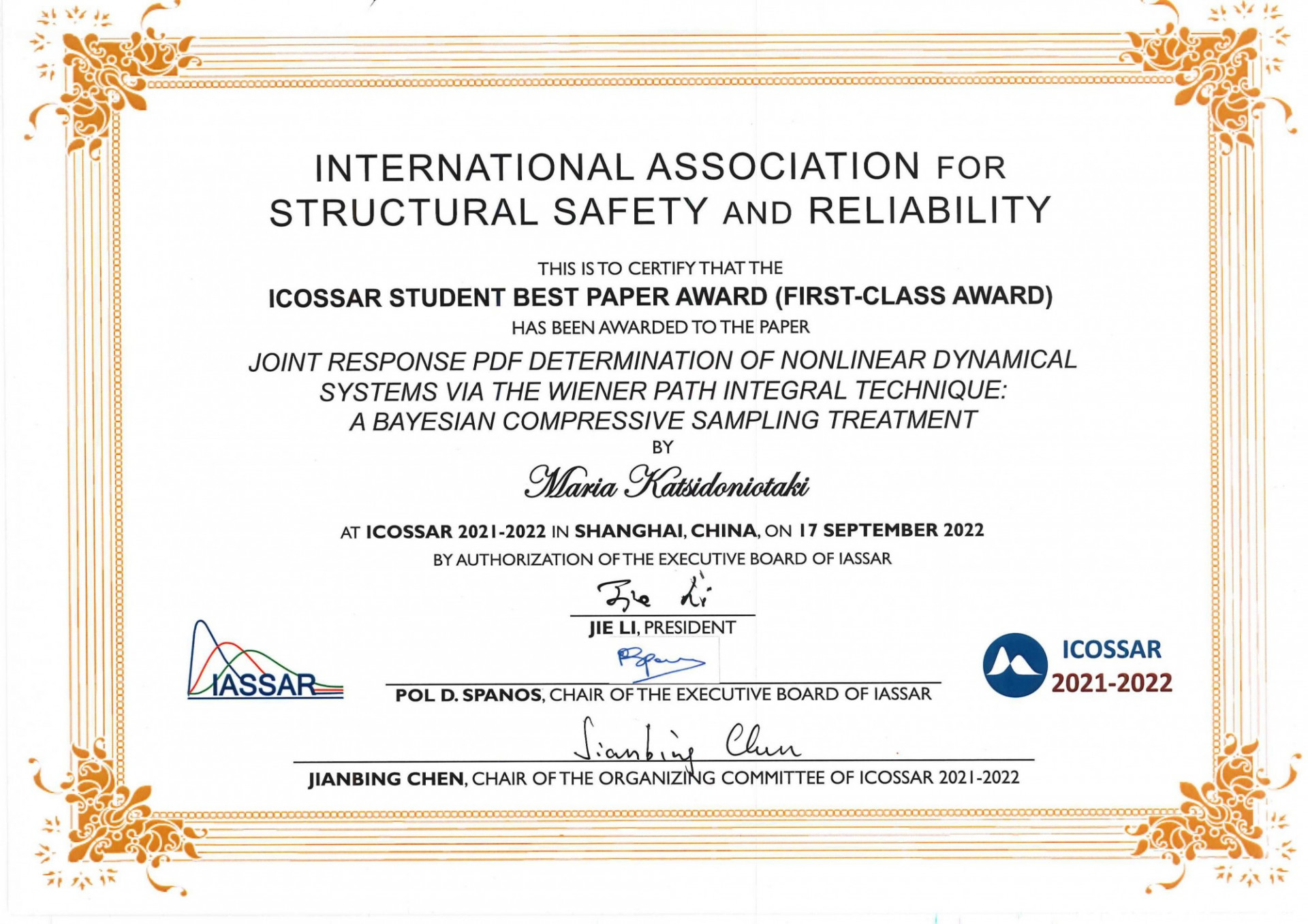 PhD student Maria Katsidoniotaki wins Best Student Paper Award | Stochastic Engineering Dynamics Lab